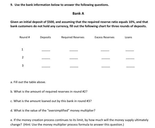 Solved 9. Use the bank information below to answer the | Chegg.com