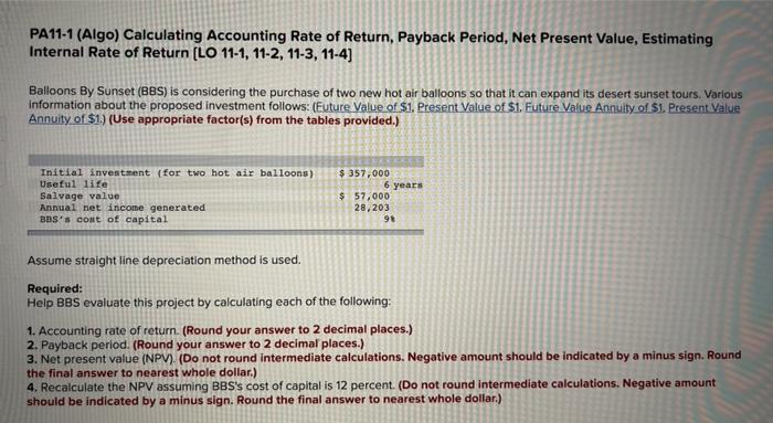 Solved PA11-1 (Algo) Calculating Accounting Rate of Return, | Chegg.com