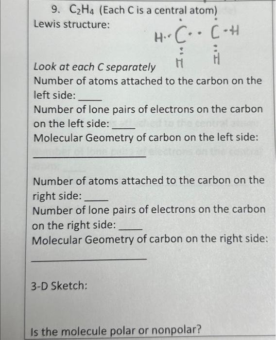 Solved 9. C₂H4 (Each C is a central atom) Lewis structure: | Chegg.com