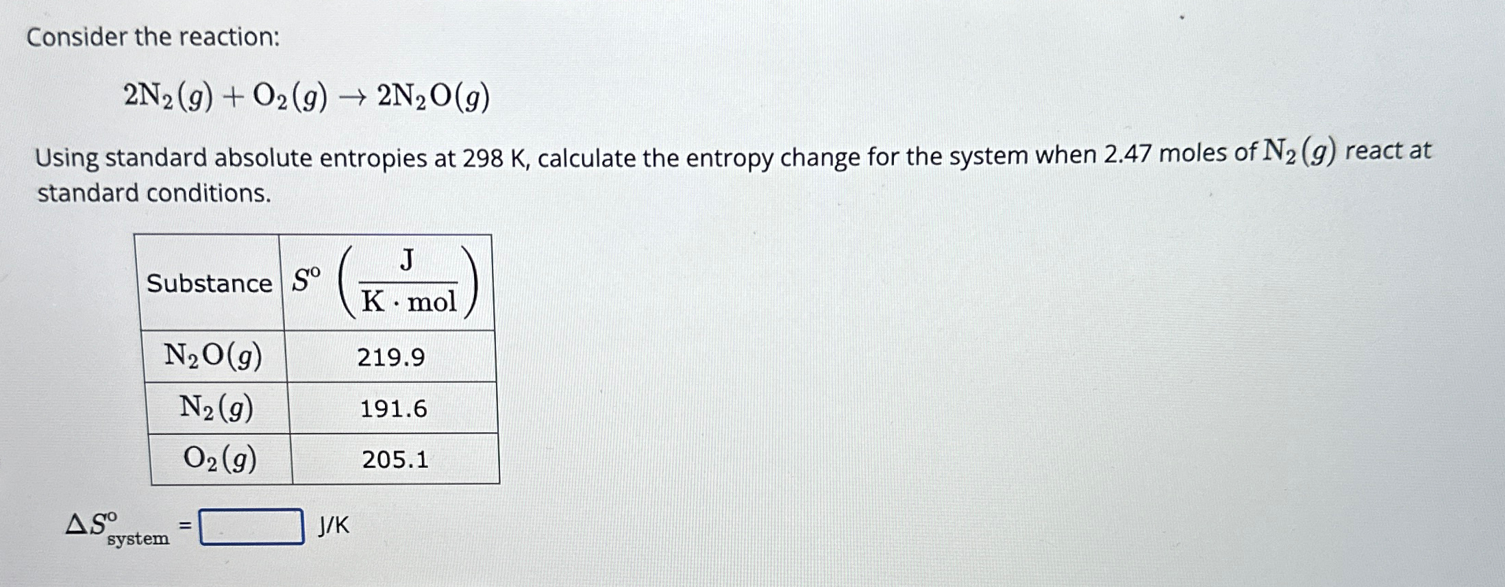 Solved Consider the reaction:2N2(g)+O2(g)→2N2O(g)Using | Chegg.com