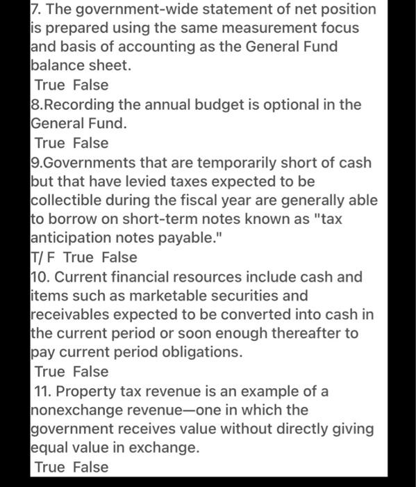 Solved 7. The government-wide statement of net position is | Chegg.com