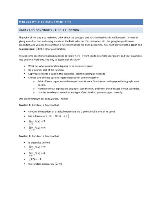 MTH 263 WRITTEN ASSIGNMENT NINE LIMITS AND CONTINUITY | Chegg.com