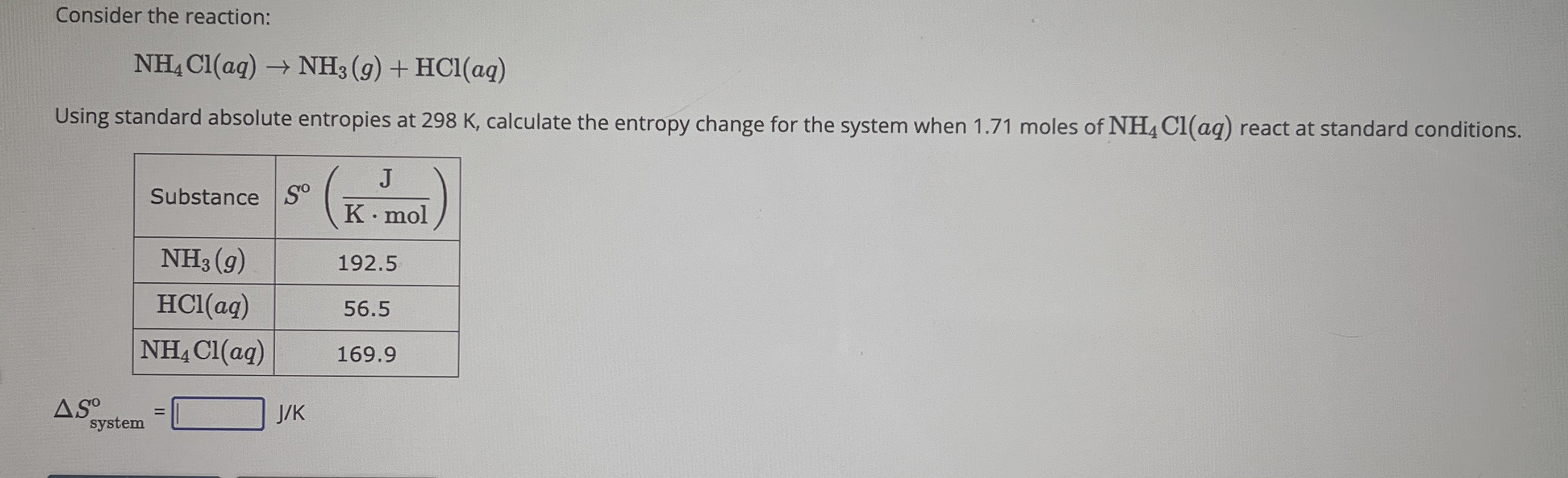 Solved Consider the reaction:NH4Cl(aq)→NH3(g)+HCl(aq)Using | Chegg.com