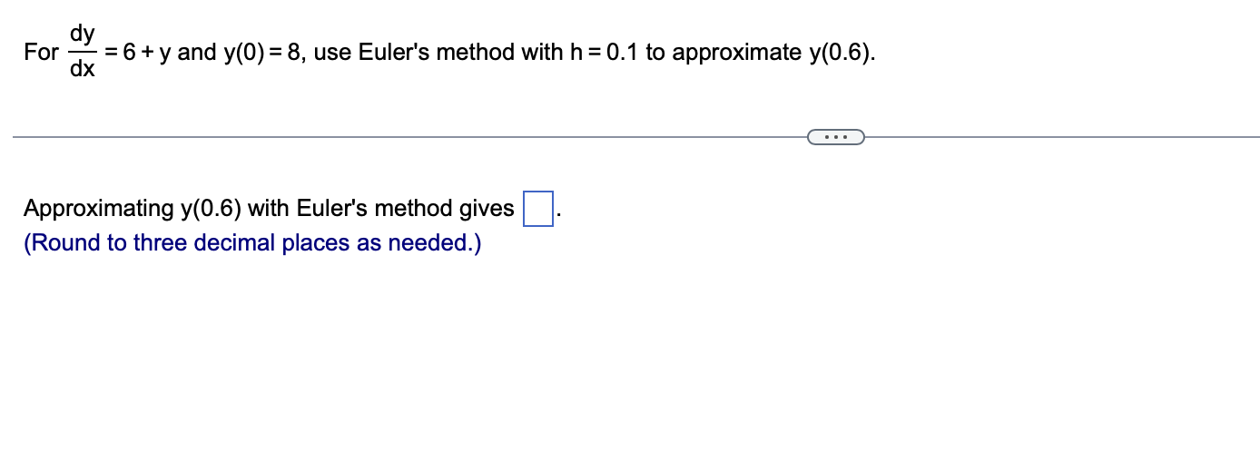 Solved For dydx=6+y ﻿and y(0)=8, ﻿use Euler's method with | Chegg.com