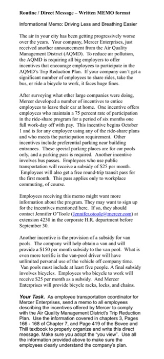 Routine / Direct Message - Written MEMO format | Chegg.com