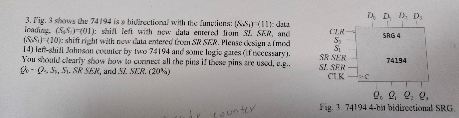 Solved 3. Fig. 3 shows the 74194 is a bidirectional with the | Chegg.com