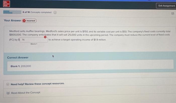 Solved Mc Graw Exit Assignment 6 of 18 Concepts completed | Chegg.com