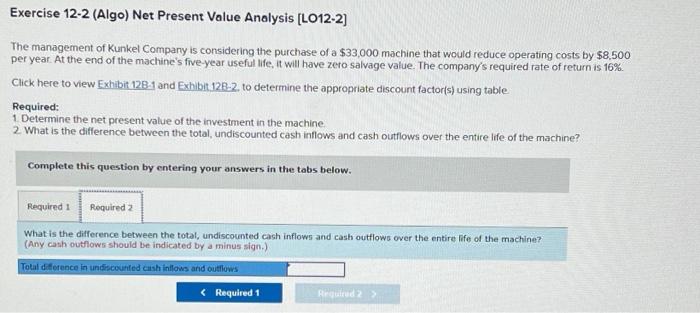Solved Exercise 12-2 (Algo) Net Present Value Analysis | Chegg.com