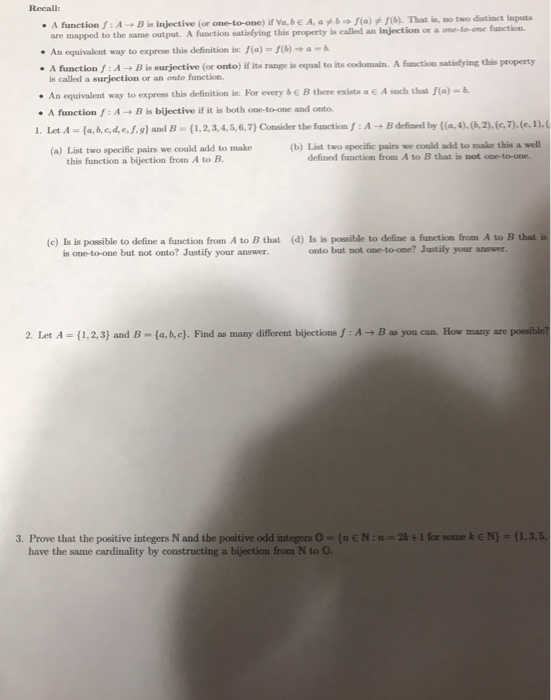 Recall: • A function : A s injective (or one-to-one) | Chegg.com