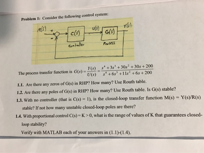 Solved Problem 1: Consider the following control system: | Chegg.com