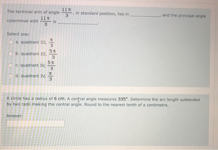 Solved The terminal arm of angle 11 coterminal with is 3 11 | Chegg.com