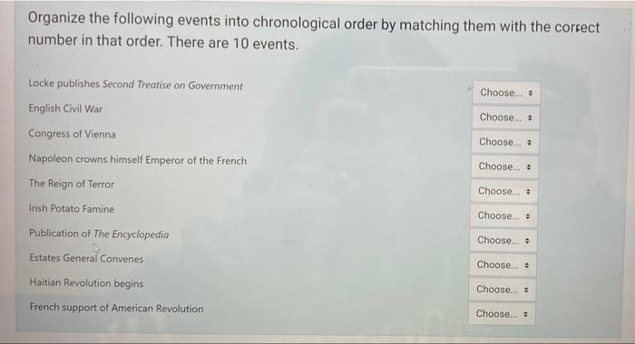 Solved Organize the following events into chronological | Chegg.com