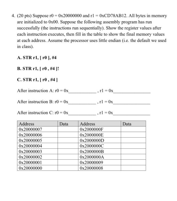 Solved 3. ( 15pts) Suppose r0=0×20008000, and the memory | Chegg.com