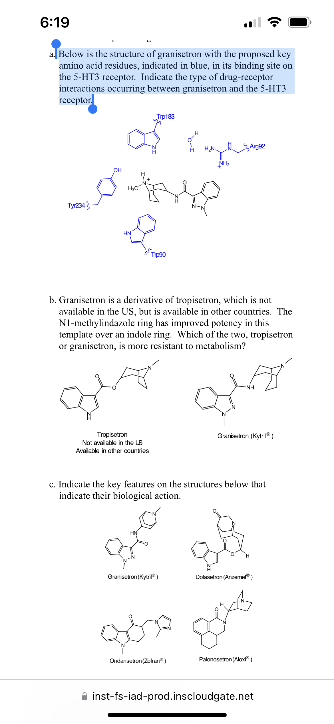 Solved 6:19a. ﻿Below is the structure of granisetron with | Chegg.com