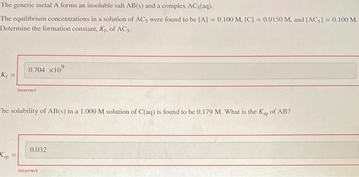 Solved The generic metal A forms an insoluble salt AB(s) and | Chegg.com