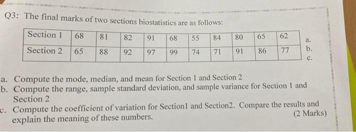 Solved Q3: The final marks of two sections biostatistics are | Chegg.com