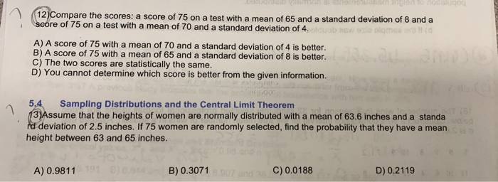 Solved 12)Compare the scores: a score of 75 on a test with a | Chegg.com