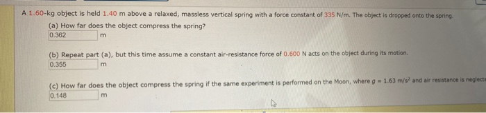 Solved A 1.60-kg object is held 1.40 m above a relaxed, | Chegg.com