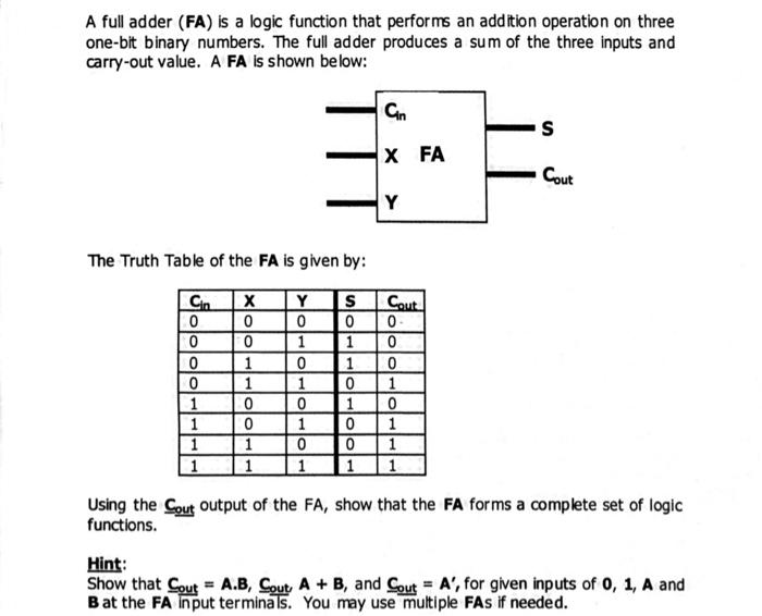 Solved A full adder (FA) is a logic function that performs | Chegg.com
