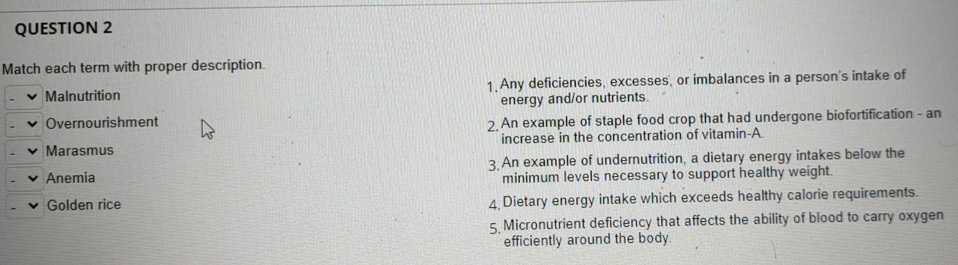 Solved Match each term with proper description. Malnutrition | Chegg.com