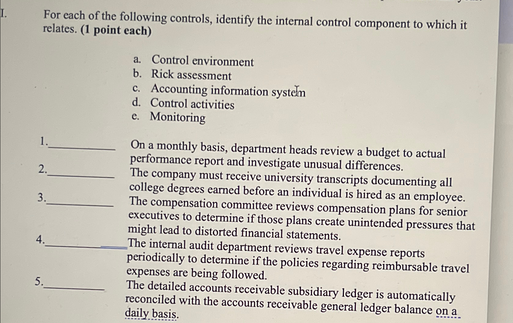 Solved For each of the following controls, identify the | Chegg.com