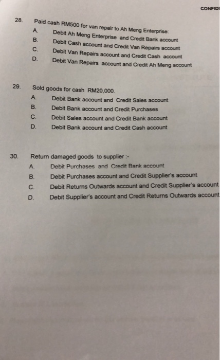 Solved CONFIDI 28. A. B. Paid cash RM500 for van repair to | Chegg.com
