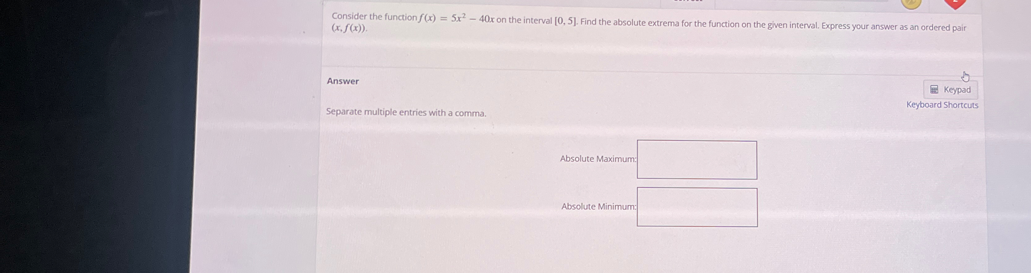 Solved Consider the function f(x)=5x2-40x ﻿on the interval | Chegg.com