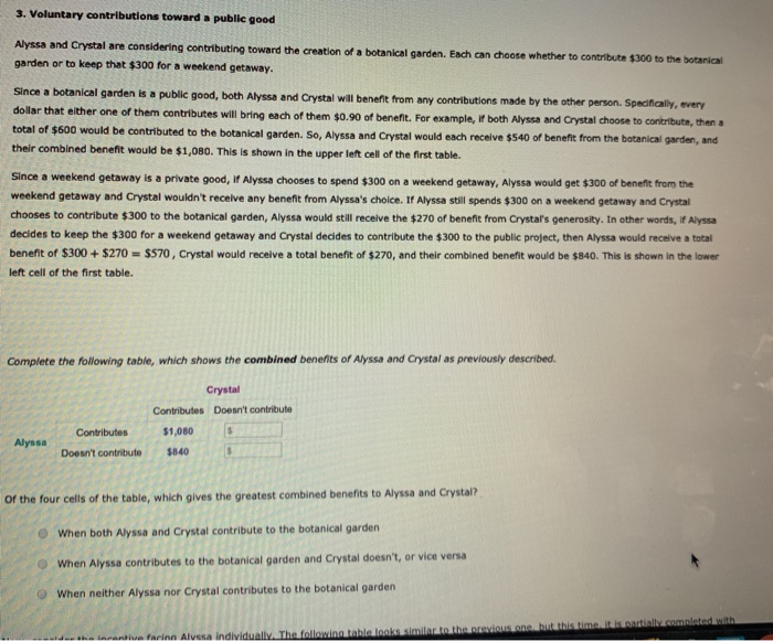 Solved 3. Voluntary contributions toward a public good | Chegg.com