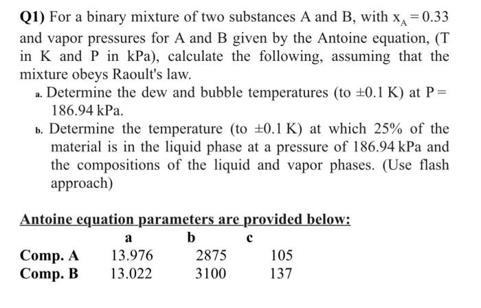 Solved Q1) For a binary mixture of two substances A and B, | Chegg.com