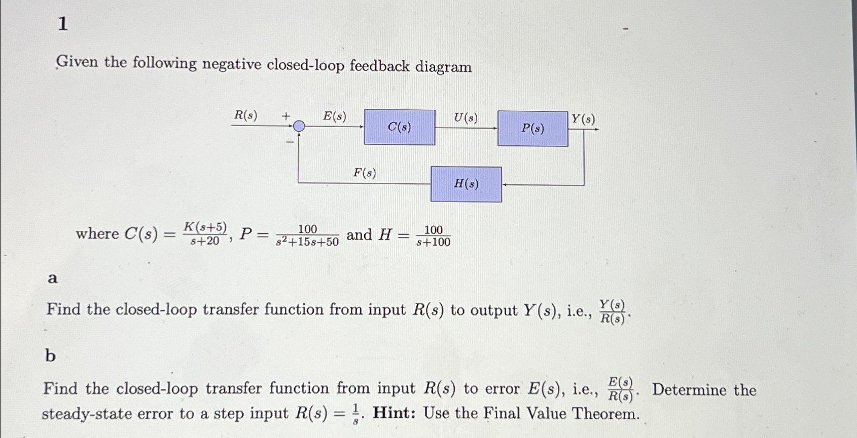 Solved 1Given the following negative closed-loop feedback | Chegg.com