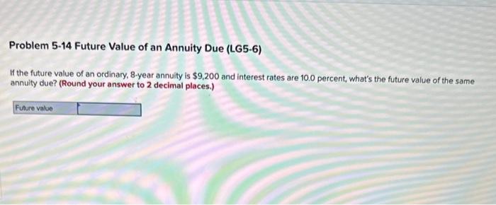 Solved Problem 5-14 Future Value of an Annuity Due (LG5-6) | Chegg.com