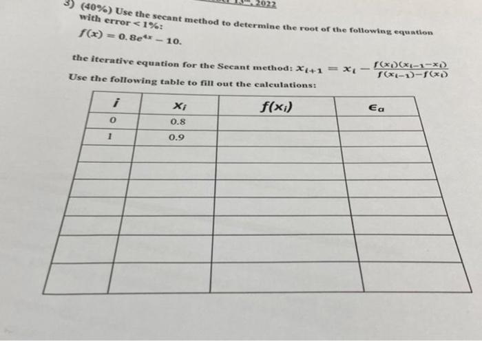 Solved 3) (40%) Use the secant method to determine the root | Chegg.com