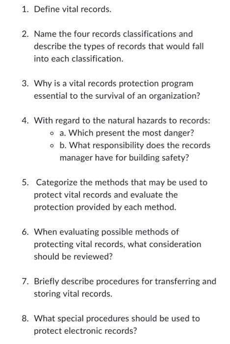 Solved 2. Name the four records classifications and describe | Chegg.com