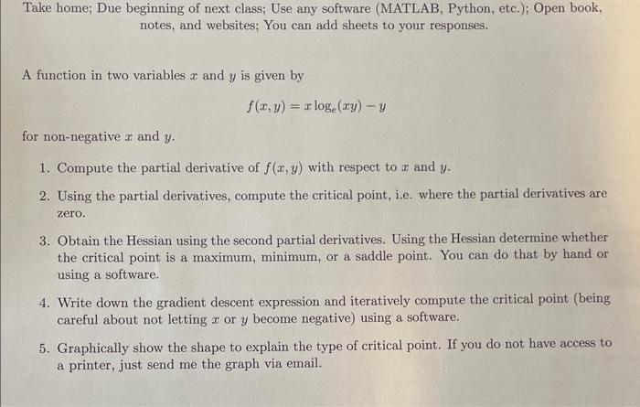 Solved Take home; Due beginning of next class; Use any | Chegg.com