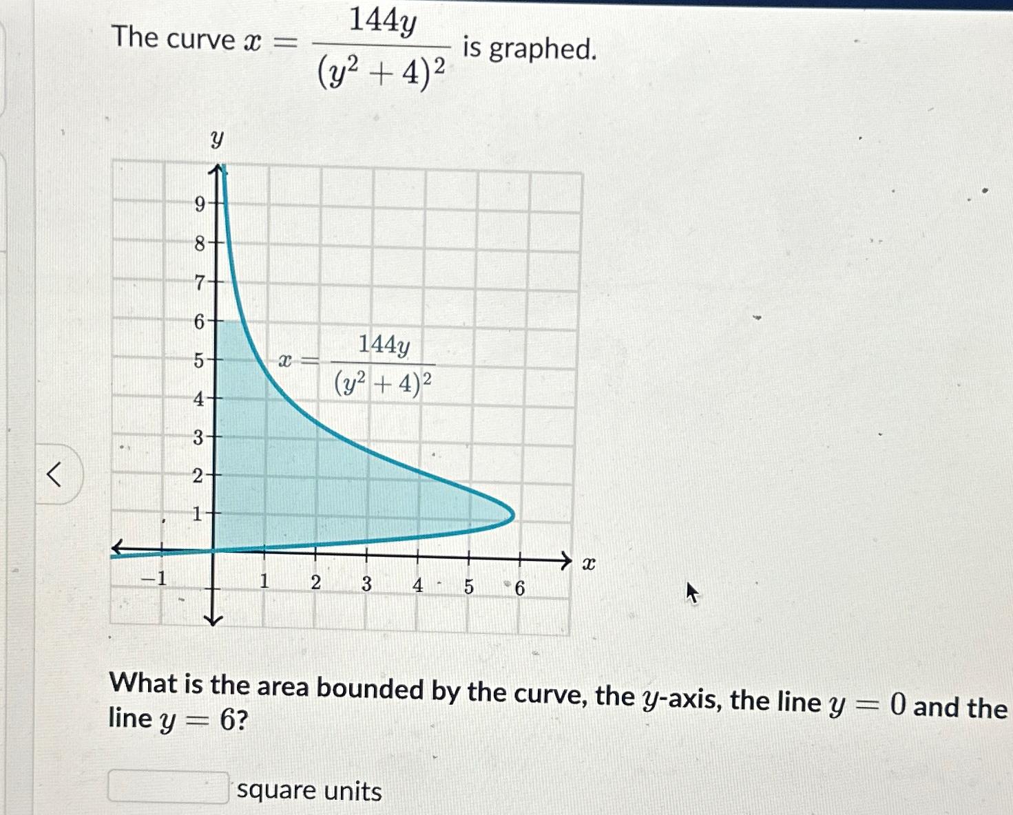 Solved The curve x=144y(y2+4)2 ﻿is graphed.What is the area | Chegg.com