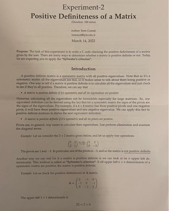 Solved Experiment-2 Positive Definiteness of a Matrix | Chegg.com