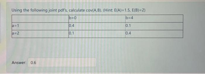 Solved Using the following joint pdf's, calculate cov(A,B). | Chegg.com