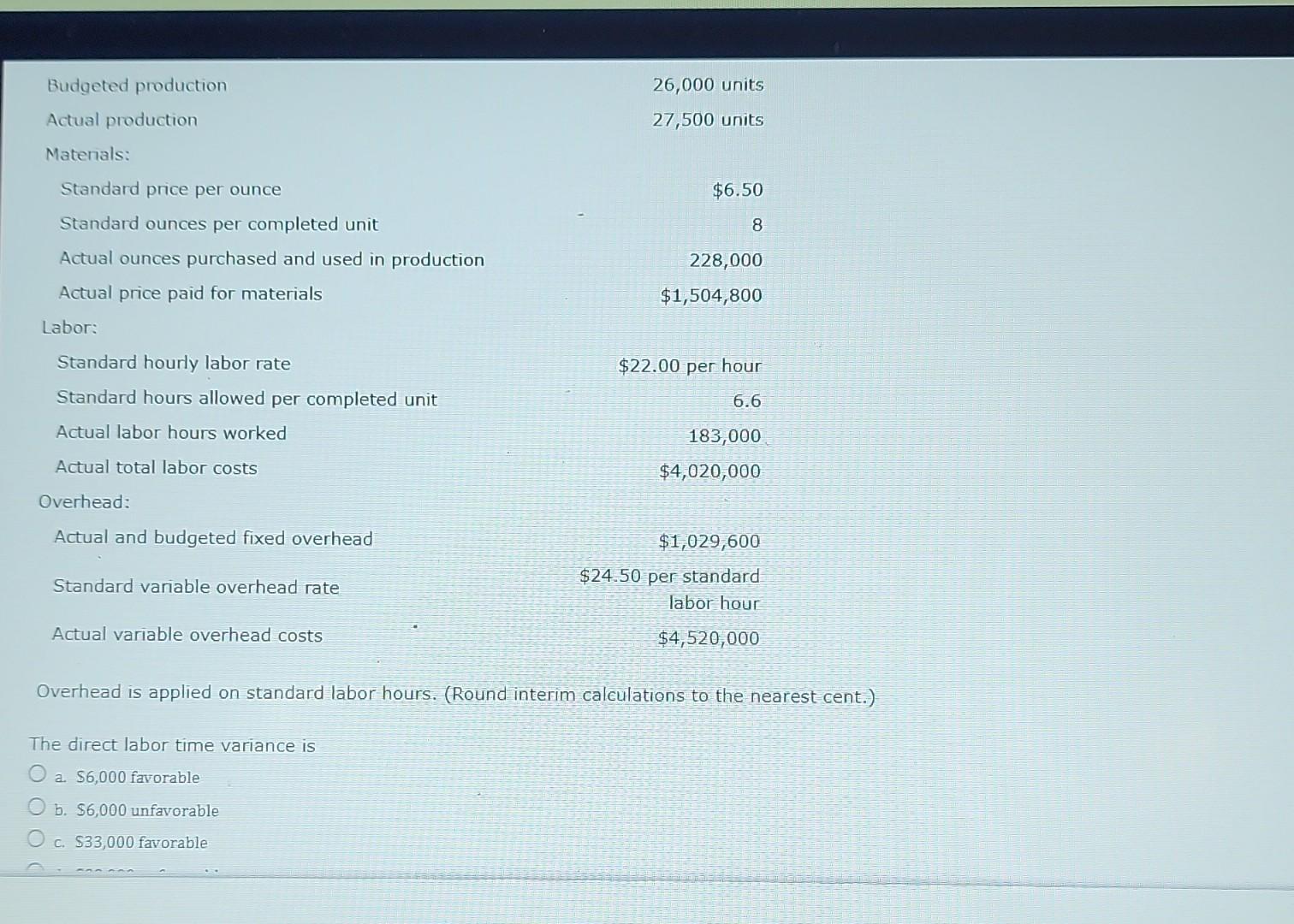 Solved Overhead is applied on standard labor hours. (Round | Chegg.com