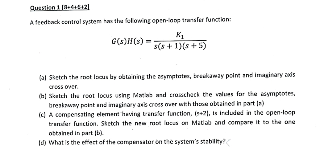 Solved Question 1[8+4+6+2]A feedback control system has the | Chegg.com