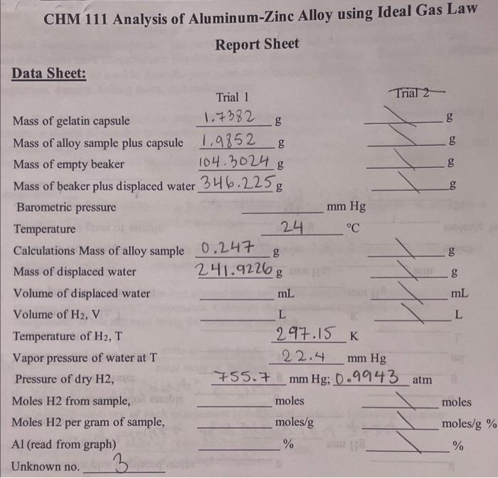 CHM 111 Analysis of Aluminum-Zinc Alloy using Ideal | Chegg.com
