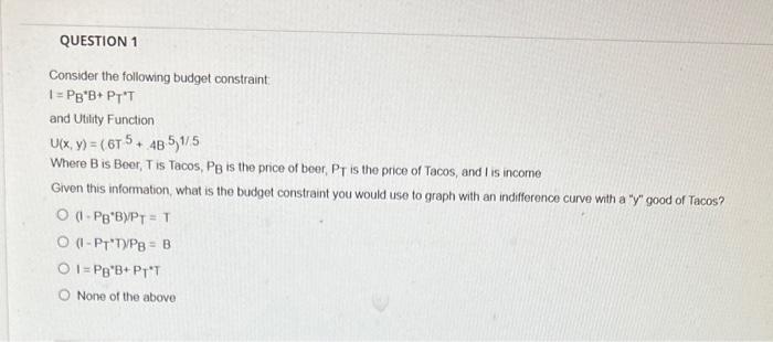 Solved Consider the following budget constraint: I=PB∗ B+PT2 | Chegg.com