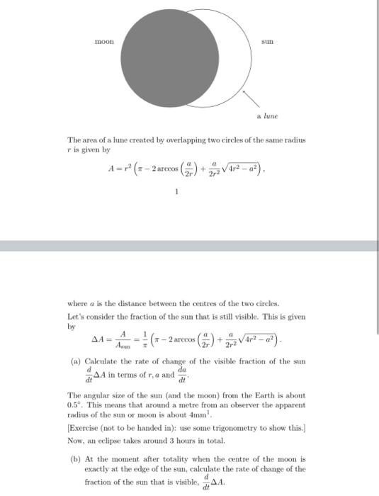 Solved The area of a lune created by overlapping two circles | Chegg.com
