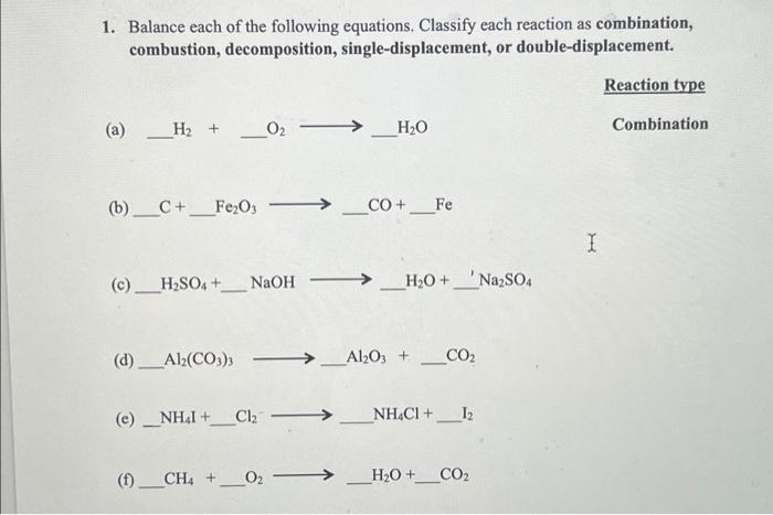 Solved 1. Balance each of the following equations. Classify | Chegg.com