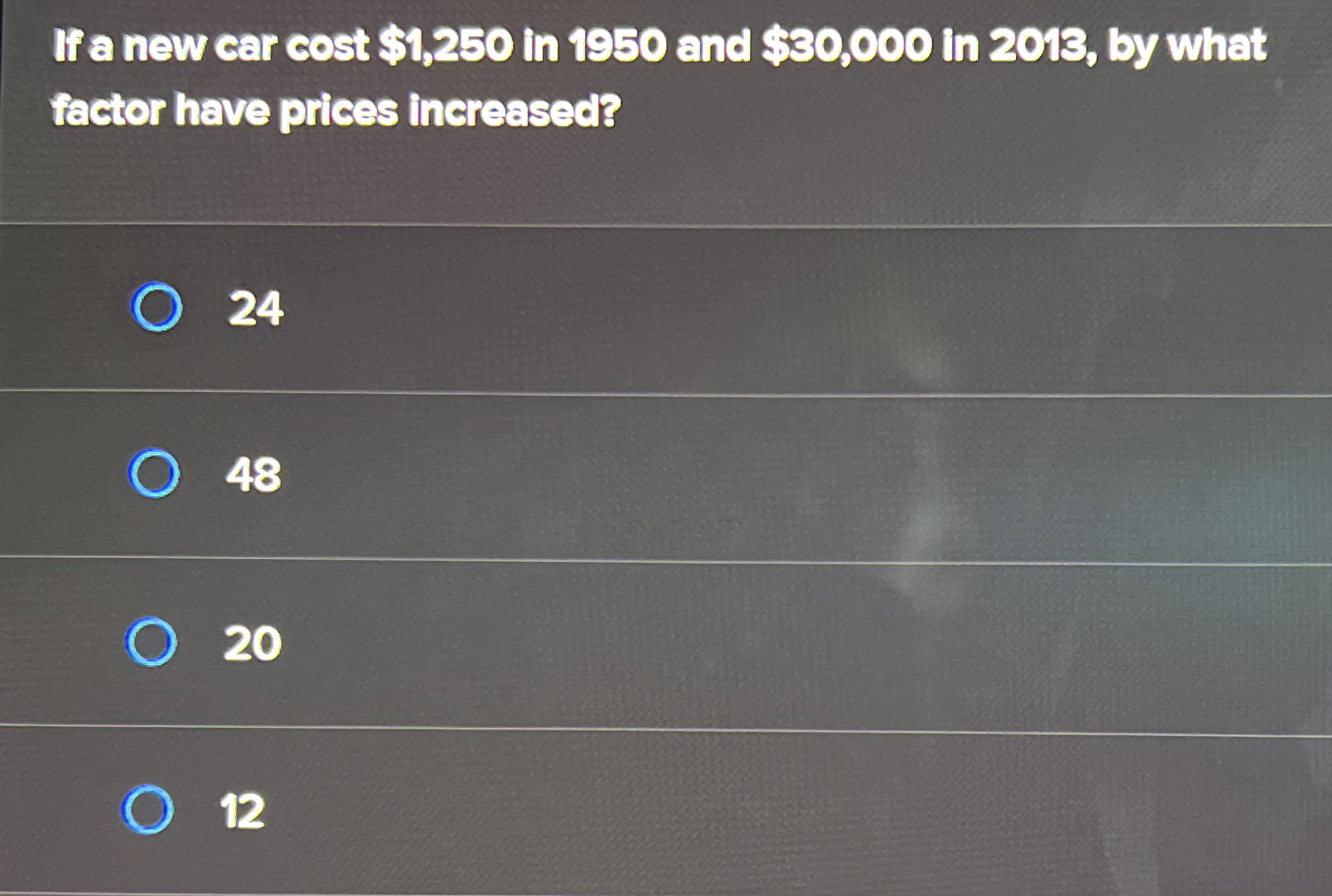 Solved If a new car cost $1,250 ﻿in 1950 ﻿and $30,000 ﻿in | Chegg.com