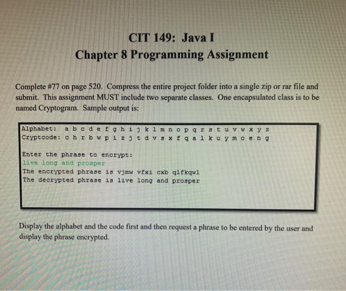 Solved CIT 149: Java I Chapter 8 Programming Assignment | Chegg.com
