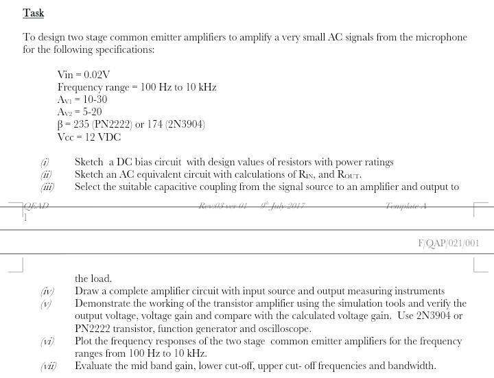 Solved Task To design two stage common emitter amplifiers to | Chegg.com