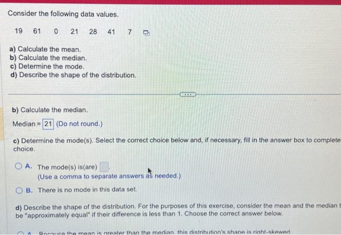Solved Consider the following data values. 21 28 19 61 a) | Chegg.com