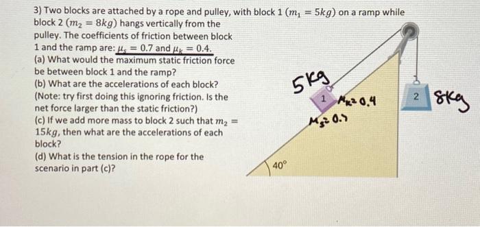 Solved 3) Two blocks are attached by a rope and pulley, with | Chegg.com
