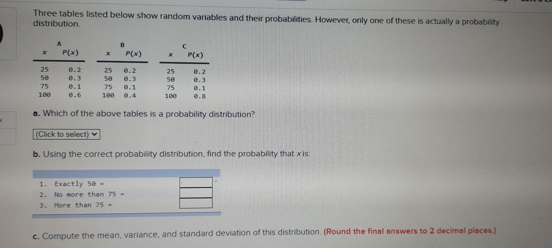 Solved Three tables listed below show random variables and | Chegg.com
