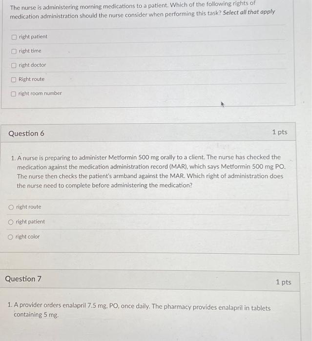 Solved The nurse is administering morning medications to a | Chegg.com